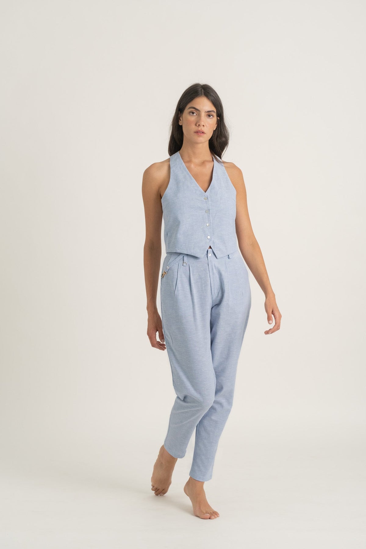 Figurati Linen Gilet Top Sky Blue - LUXMII