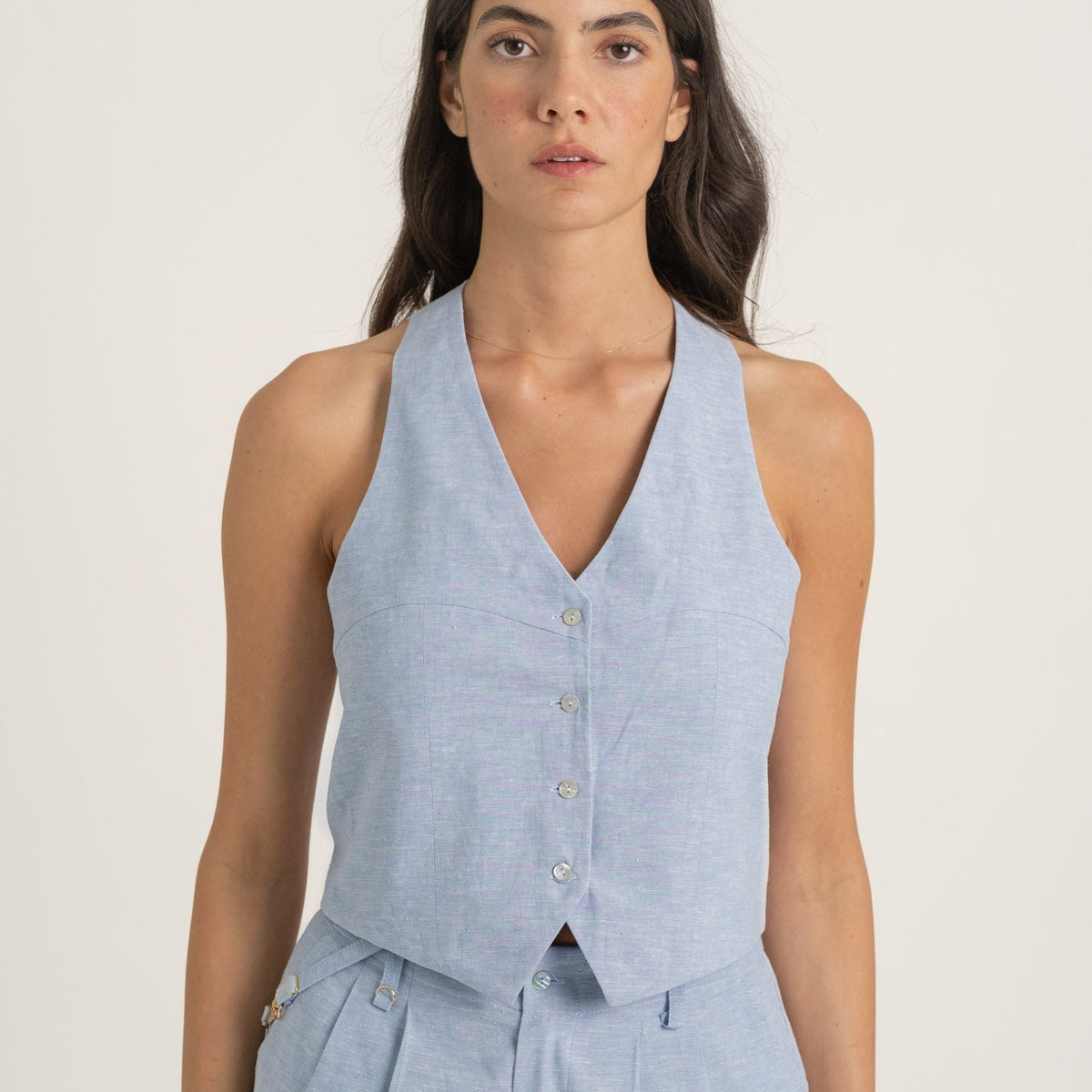 Figurati Linen Gilet Top Sky Blue - LUXMII