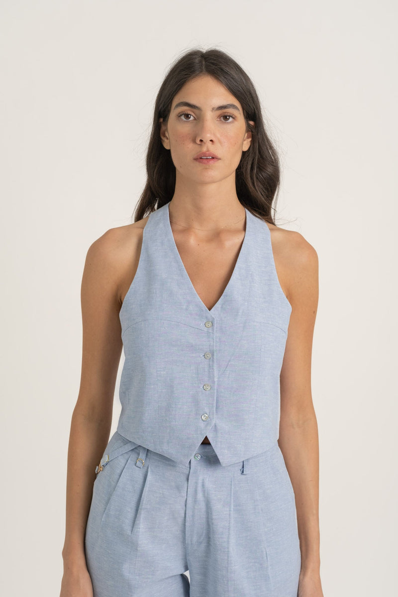 Figurati Linen Gilet Top Sky Blue - LUXMII